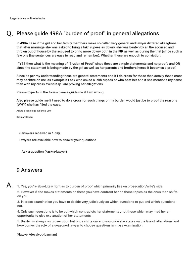 Case Law 498A - Burden of Proof On Husband or Wife | PDF