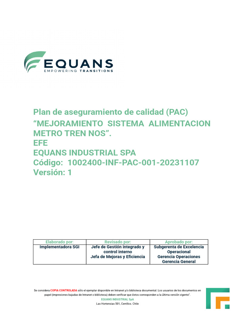 1002400-INF-PAC-001-20231107-Plan de Aseguramiento de Calidad EFE-V1 | PDF | Calidad (comercial ...