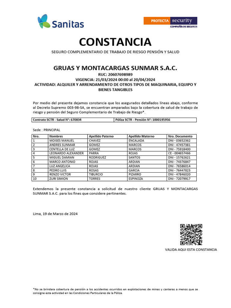 Constancia SCTR Salud y Pension - Sanitas - Marzo 2024-1 | PDF | Póliza ...