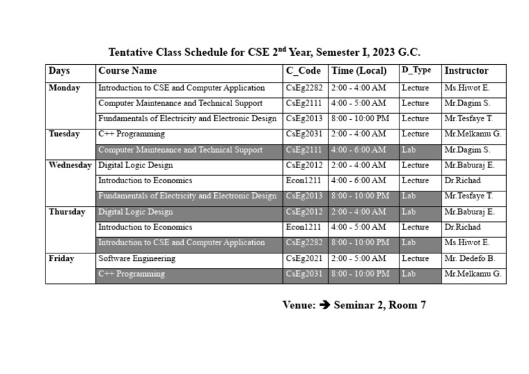 Tentative Class Schedule For CSE Y2 2023 Sem I | PDF | Art | Technology & Engineering