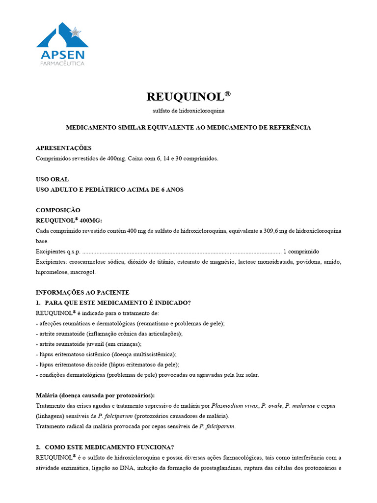 Bula Reuquinol Paciente | PDF | Hipoglicemia | Malária