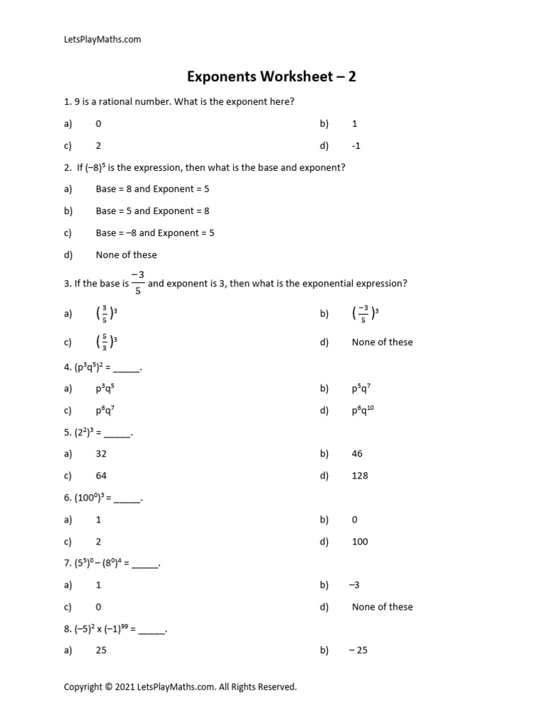 Exponents Worksheet-2 | PDF | Exponentiation | All Rights Reserved