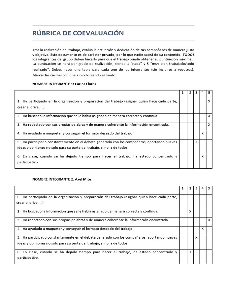 Rúbrica de Coevaluación y Autoevaluación | PDF