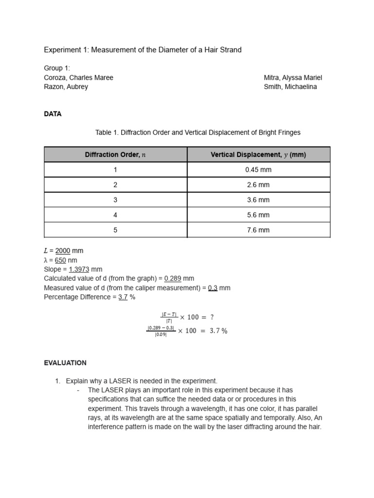 Measuring Hair Diameter via Laser Diffraction | PDF | Diffraction | Wavelength