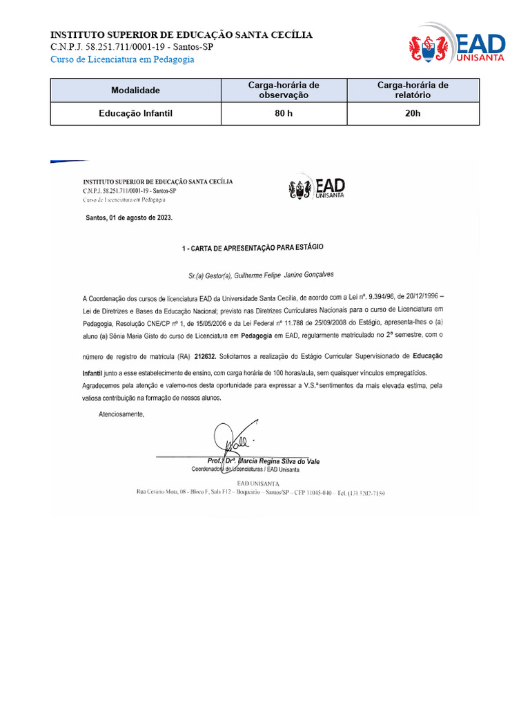 FORMULÁRIO DE ESTÁGIO ED. INFANTIL SÔNIA UNISANTA | PDF | Pedagogia ...
