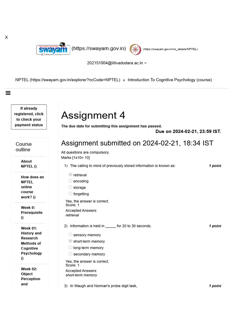 Assignment 4: Assignment Submitted On 2024-02-21, 18:34 IST | PDF | Memory | Cognitive Science
