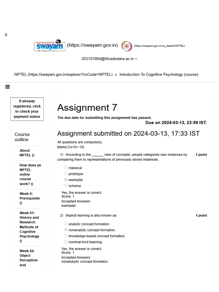 Assignment 7: Assignment Submitted On 2024-03-13, 17:33 IST | PDF | Concept | Schema (Psychology)