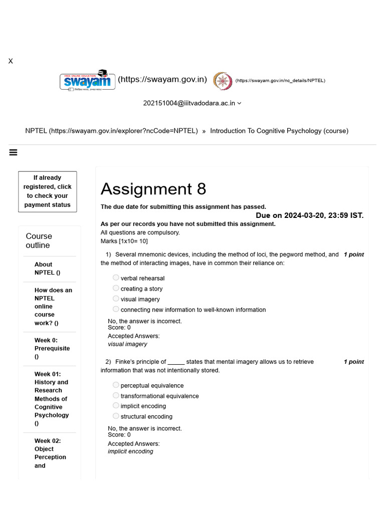Assignment 8: (Https://swayam - Gov.in) | Download Free PDF | Perception | Memory