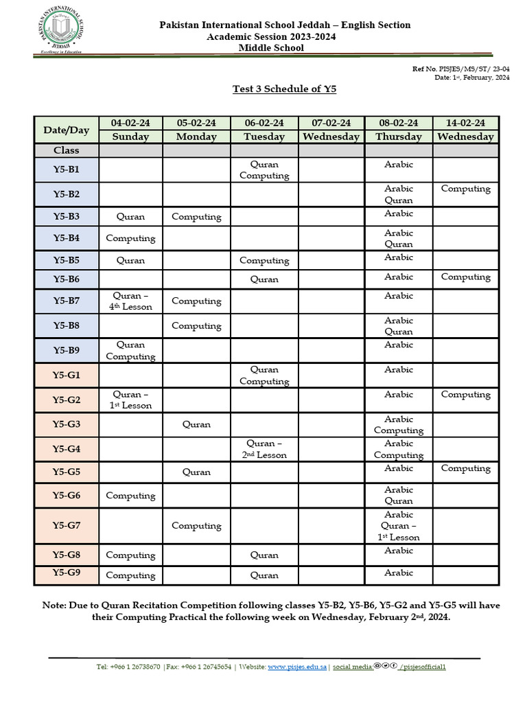 Test 3 - Topics & Schedule - Y5 | PDF