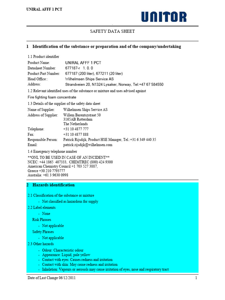 UNIRAL AFFF 1% Firefighting Foam SDS | PDF | Dangerous Goods | Hazards