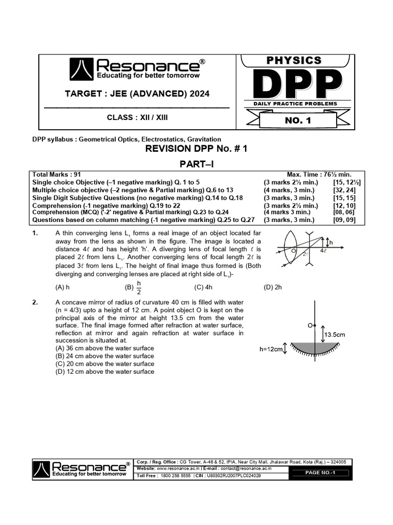 DPP-1 PC - English (GO, Electrostatics, Grav) | PDF | Sphere | Optics