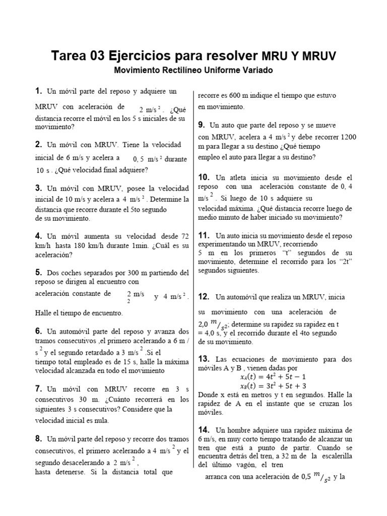 Tarea 2.4 Ejercicios MRUV | PDF | Velocidad | Aceleración