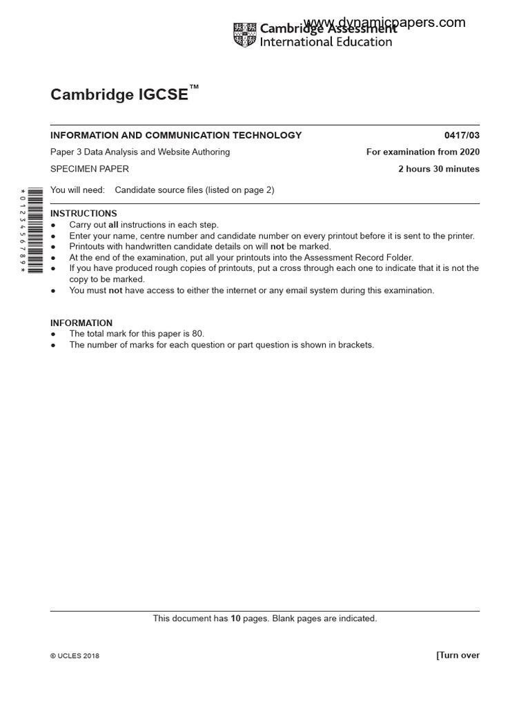 2020 Specimen Paper 3 | PDF | Spreadsheet | Comma Separated Values