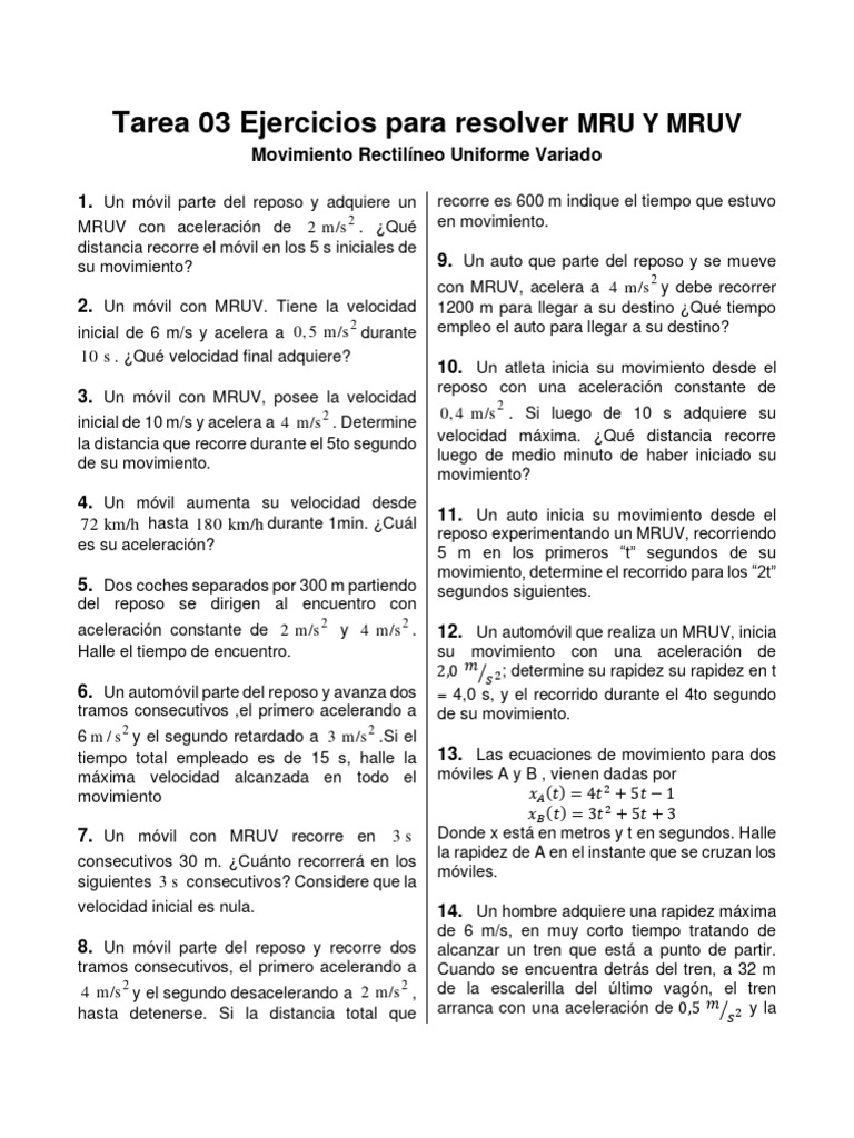 Tarea 2.4 Ejercicios MRUV | PDF | Velocidad | Aceleración