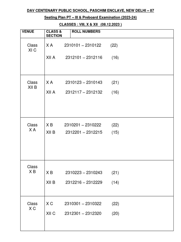 08.12.2023 SEATING PLAN Pre-Board (VIII, X & XII) | PDF
