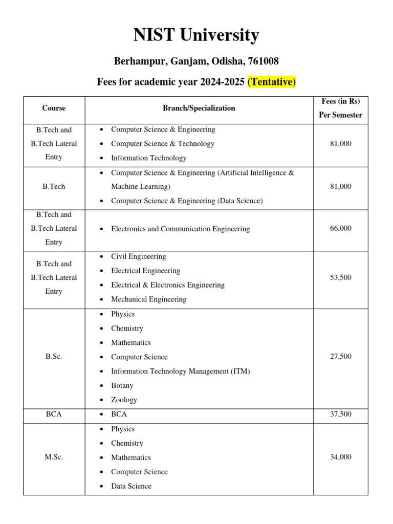 NIST University 2024-2025 Fee Structure | PDF | Engineering | Computer ...