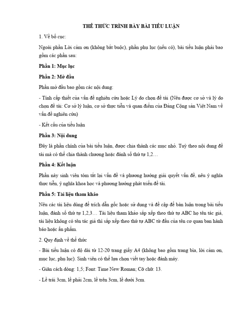 QUY ĐỊNH THỂ THỨC TRÌNH BÀY TIỂU LUẬN KTCT ML | PDF