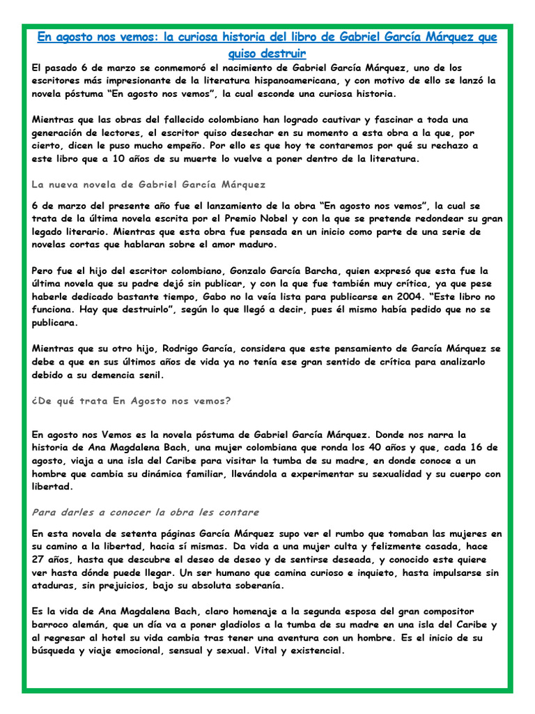 En Agosto Nos Vemos | PDF | Gabriel García Márquez