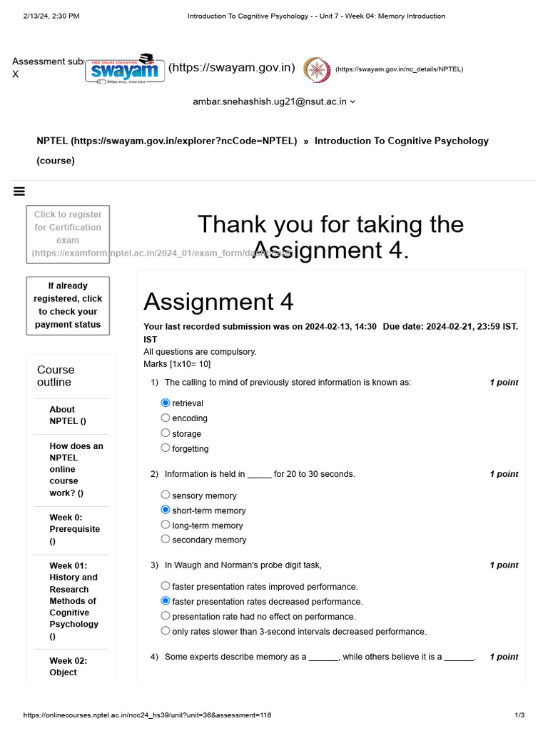 Introduction To Cognitive Psychology - Unit 7 - Week 04 - Memory ...