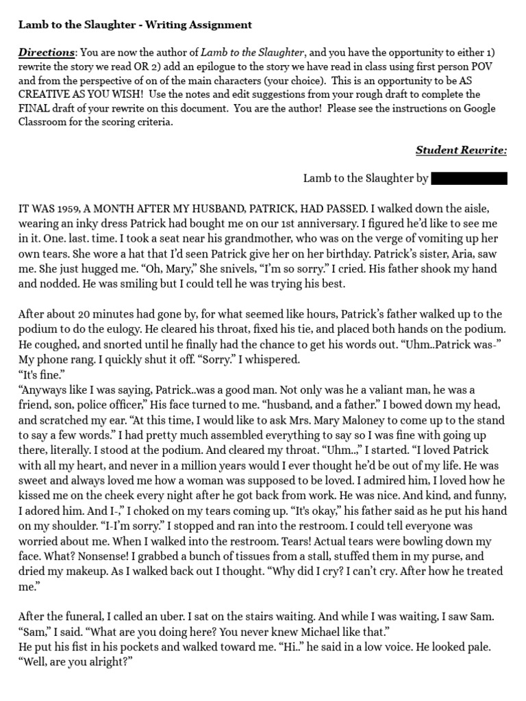 Student - Lamb To The Slaughter - Writing Assignment | PDF