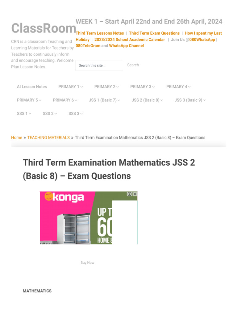 Third Term Examination Mathematics JSS 2 (Basic 8) - Exam Questions ...