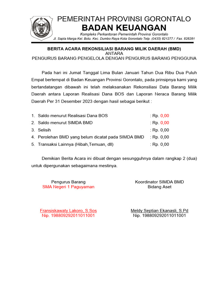 Berita Acara Rekon BMD - Aset 2023 | PDF