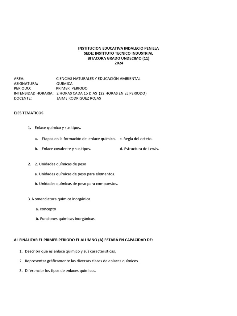 Bitacora 11 Quimica_ Primer Periodo 2024 | PDF | Evaluación | Enlace ...