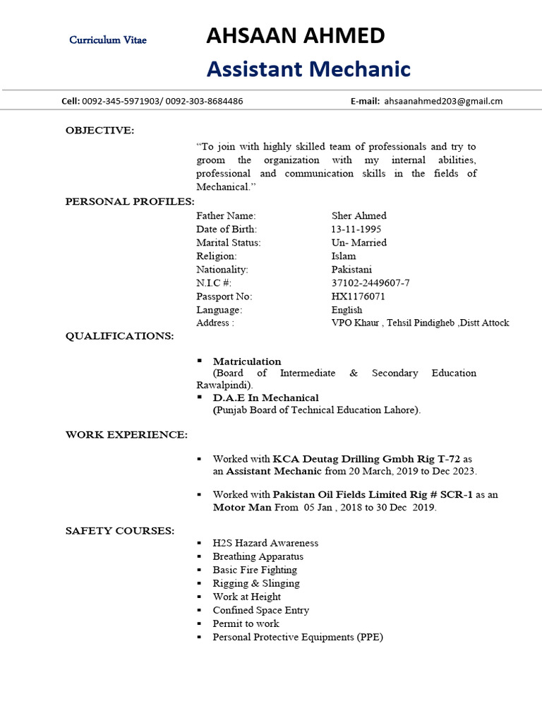 Ahsaan Ahmed Assistant Mechanic | PDF