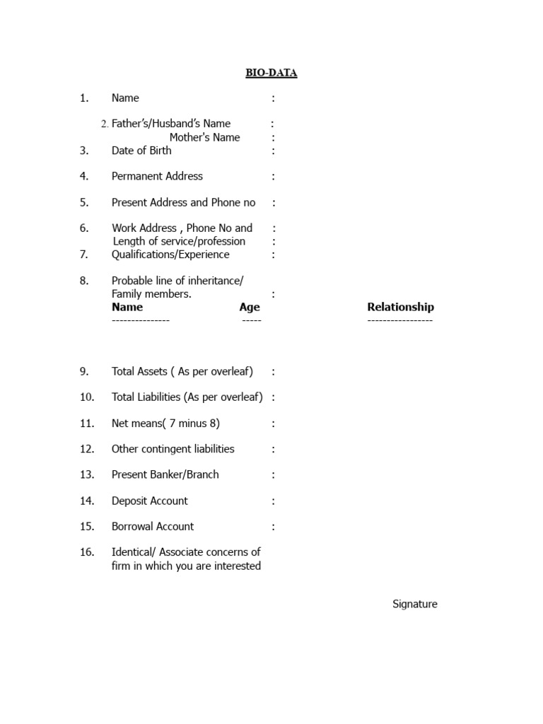 Bio-Data Form - 1 | PDF | Banks | Liability (Financial Accounting)