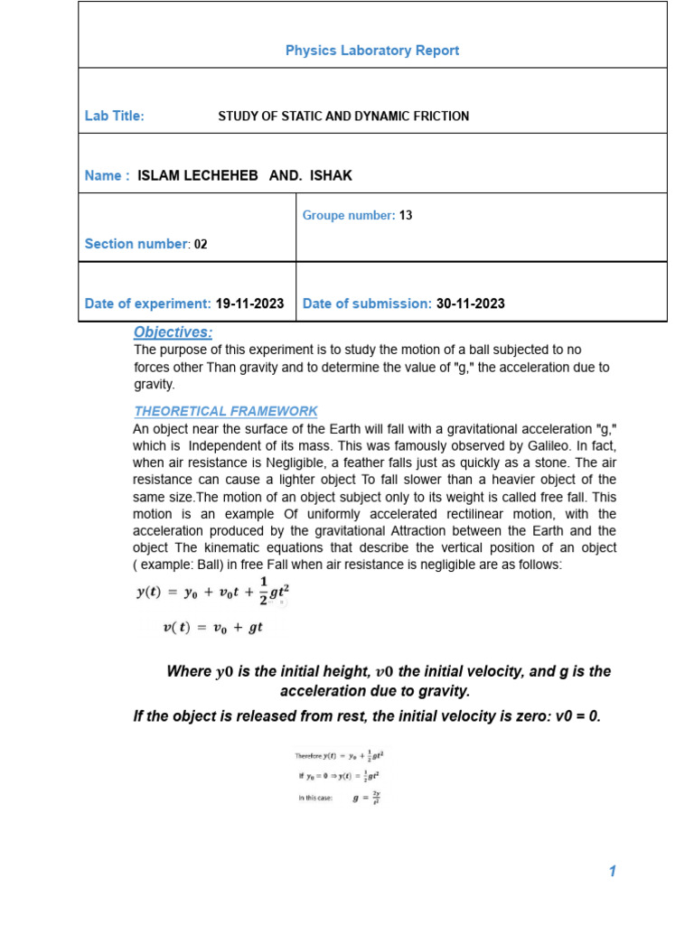 Islam Lecheheb And. Ishak: Physics Laboratory Report | PDF | Gravity | Friction
