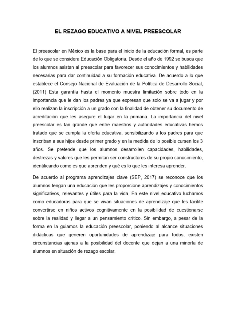 El Rezago Educativo A Nivel Preescolar | PDF | Educación de la primera ...