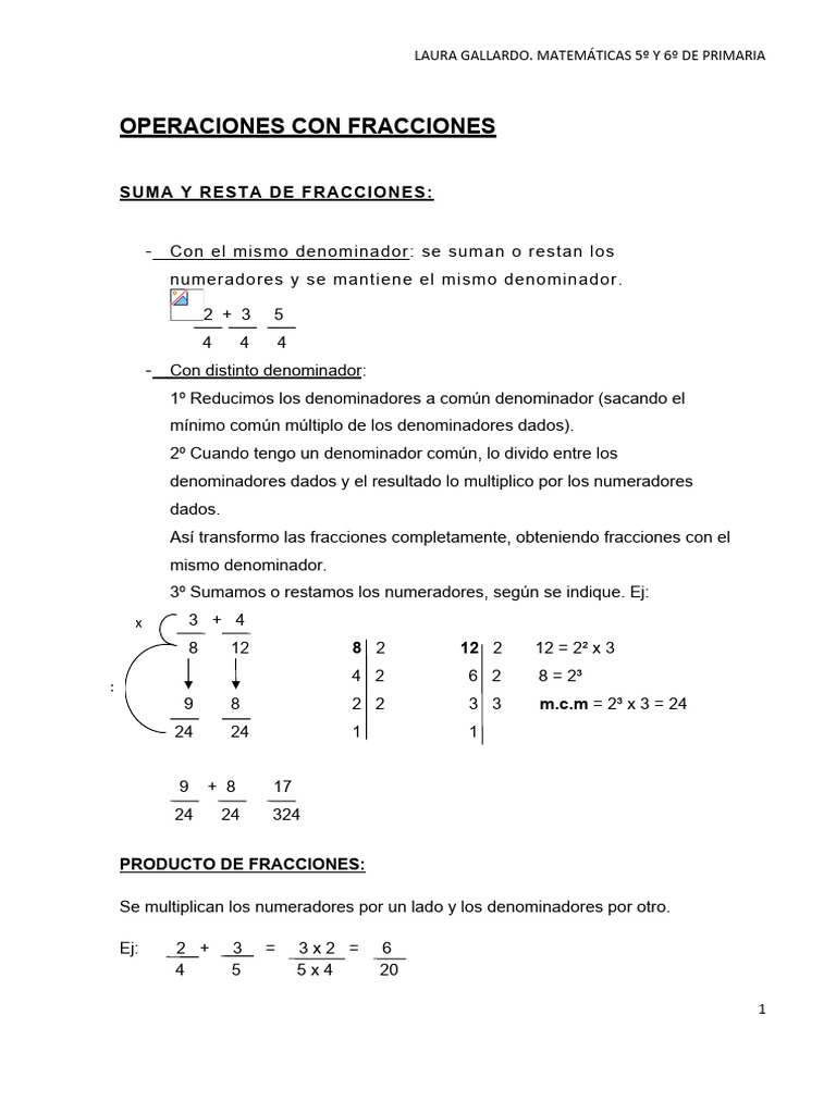Operaciones con Fracciones Primaria | PDF | División (Matemáticas ...