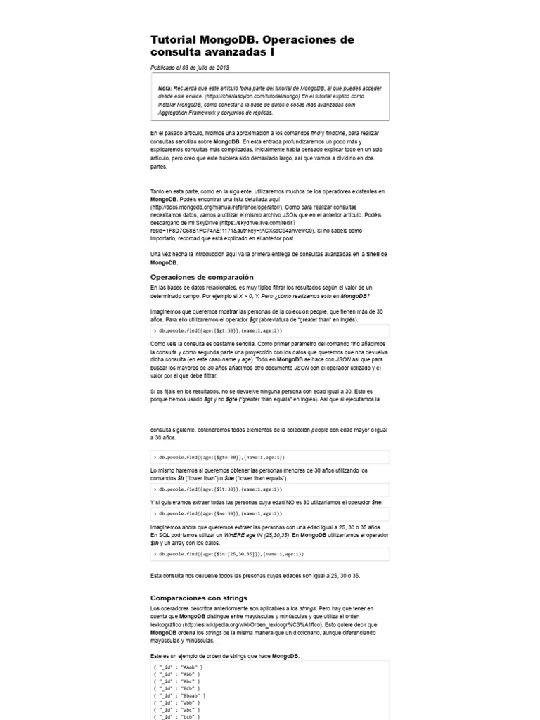 Tutorial MongoDB. Operaciones de Consulta Avanzadas I | PDF | Mongo Db ... Tutorial MongoDB. Operaciones de Consulta Avanzadas I | PDF | Mongo Db ...