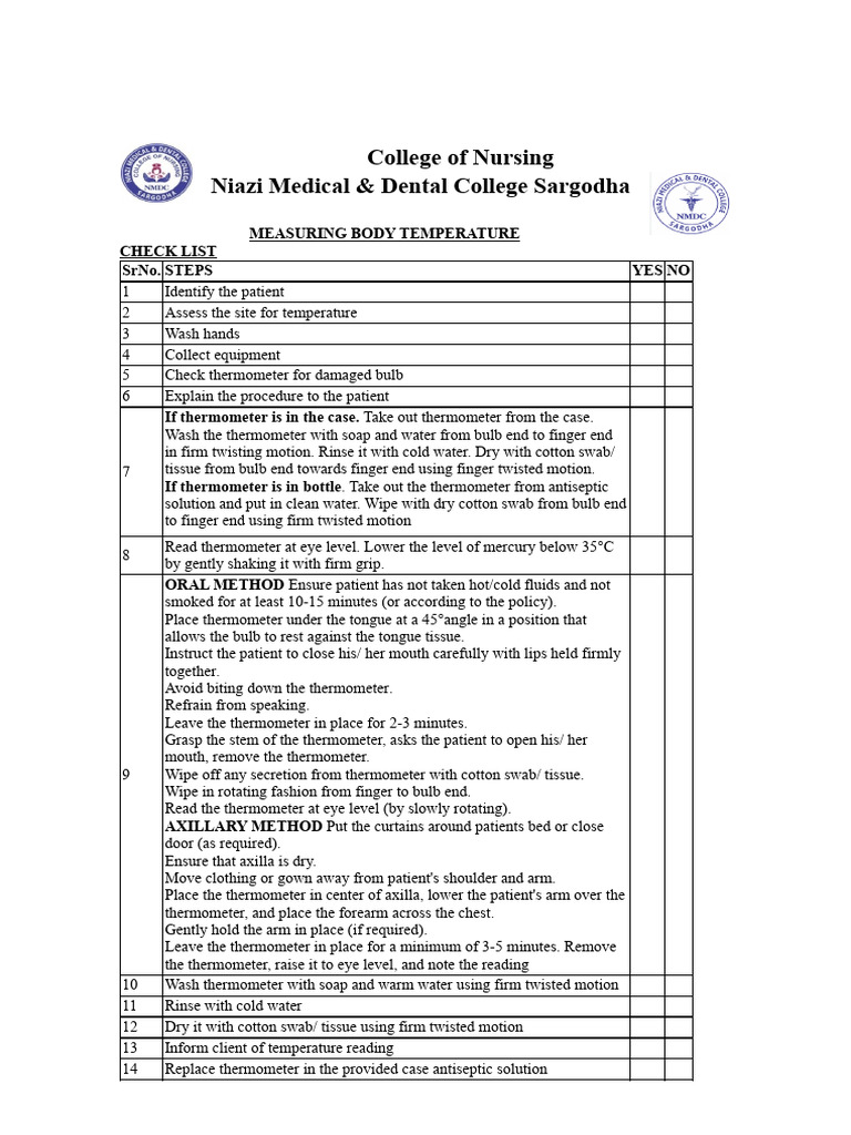 CHECK LIST MEASURING BODY TEMPERATURE | PDF | Thermometer | Hand Washing