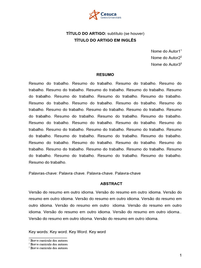 Modelo Artigo Científico Pdf Abstract Resumo Publicação