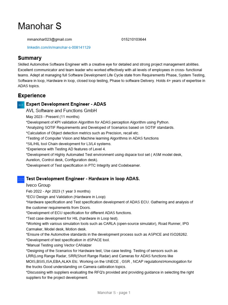 Resume Manohar S | PDF | Simulation | Systems Engineering