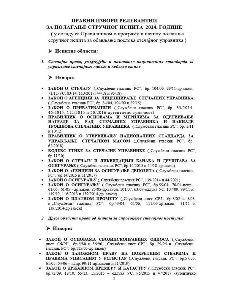 Pravni Izvori Za Polaganje Strucnog Ispita 2024 | PDF