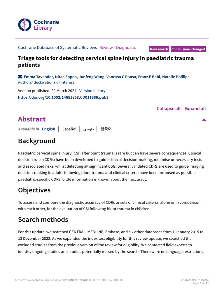 Triage Tools For Detecting Cervical Spine Injury in Paediatric Trauma ...