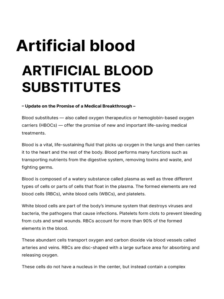 Synthetic & Artificial Blood - Substitutes & Transfusion | PDF | Blood ...