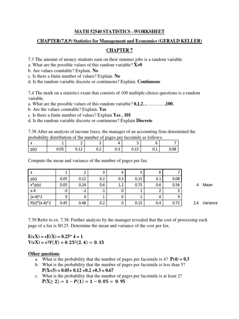 CHAPTERS 7-9 Worksheet - Ques & Ans | PDF | Random Variable | Probability Distribution