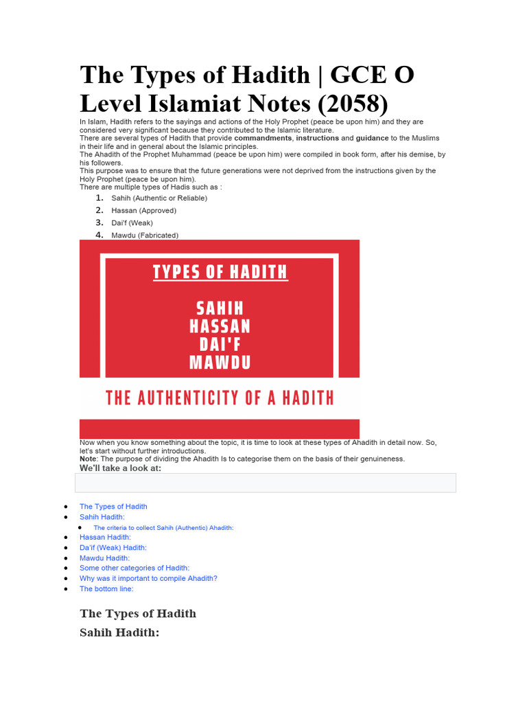 The Types of Hadith | PDF | Hadith | Oral Tradition