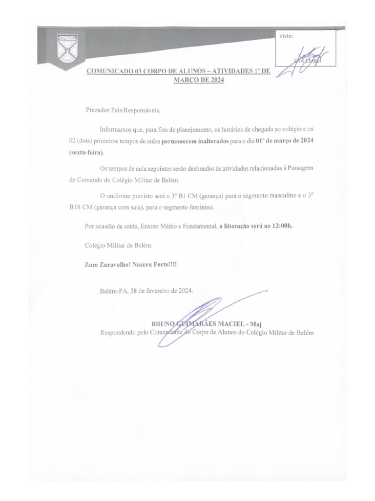 Comunicado 03 Corpo de Alunos - Atividades 1° de | PDF