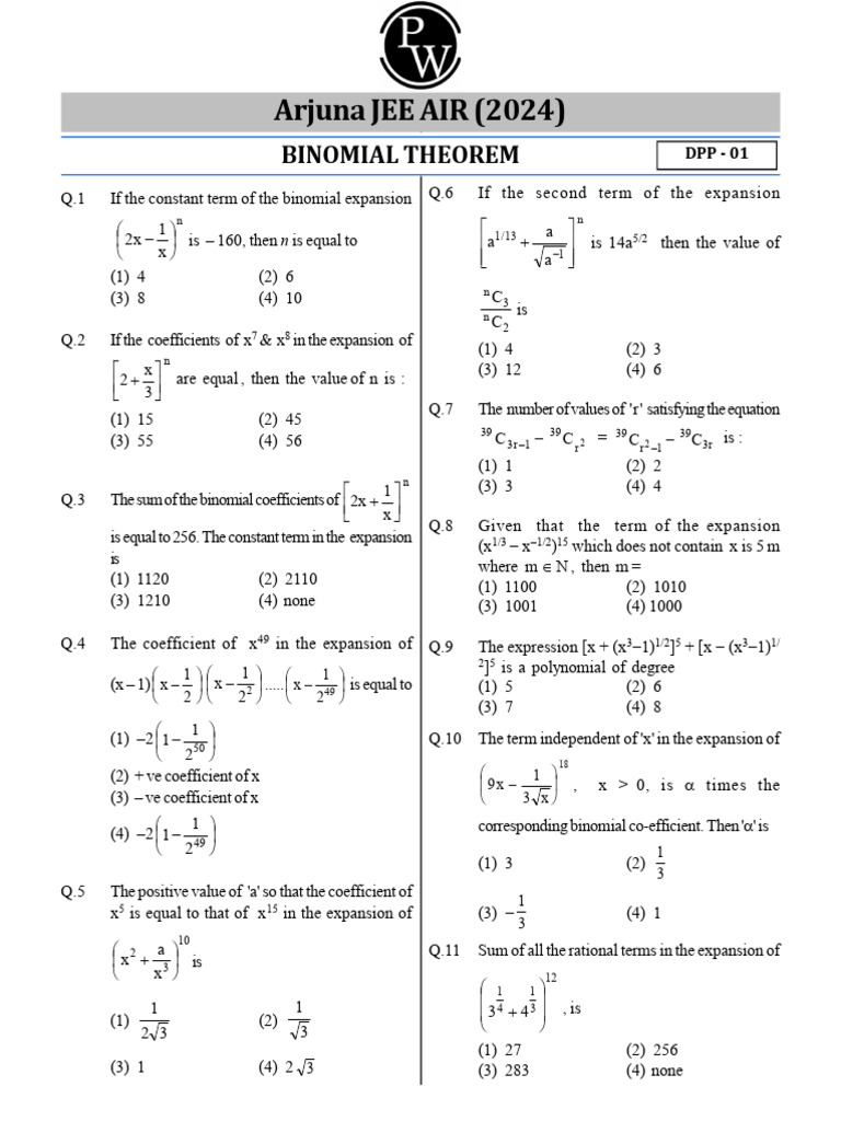 Binomial Theorem DPP 01 Arjuna JEE AIR 2024 Maths | PDF | Algorithms | Computational Science