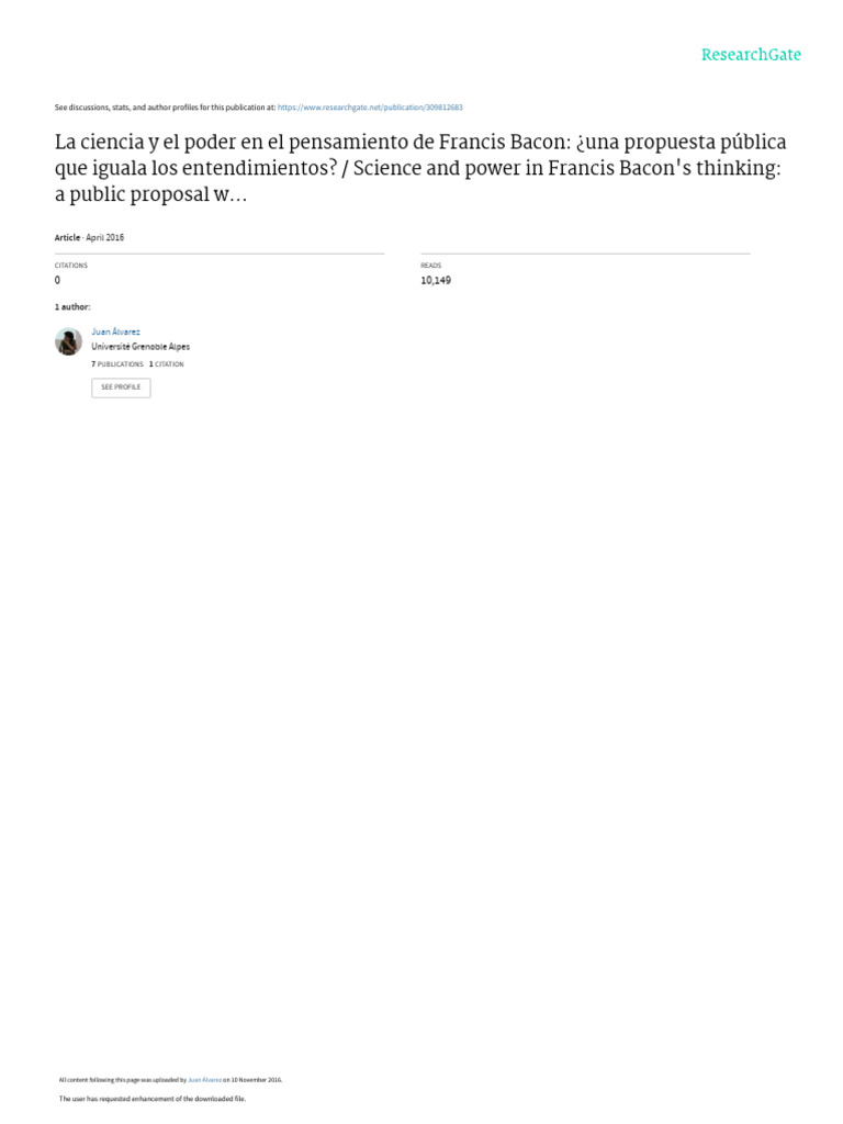 Lvarez 2016 Lacienciayelpoderenelpensamientode Francis Bacon | PDF | Francis Bacon | Conocimiento