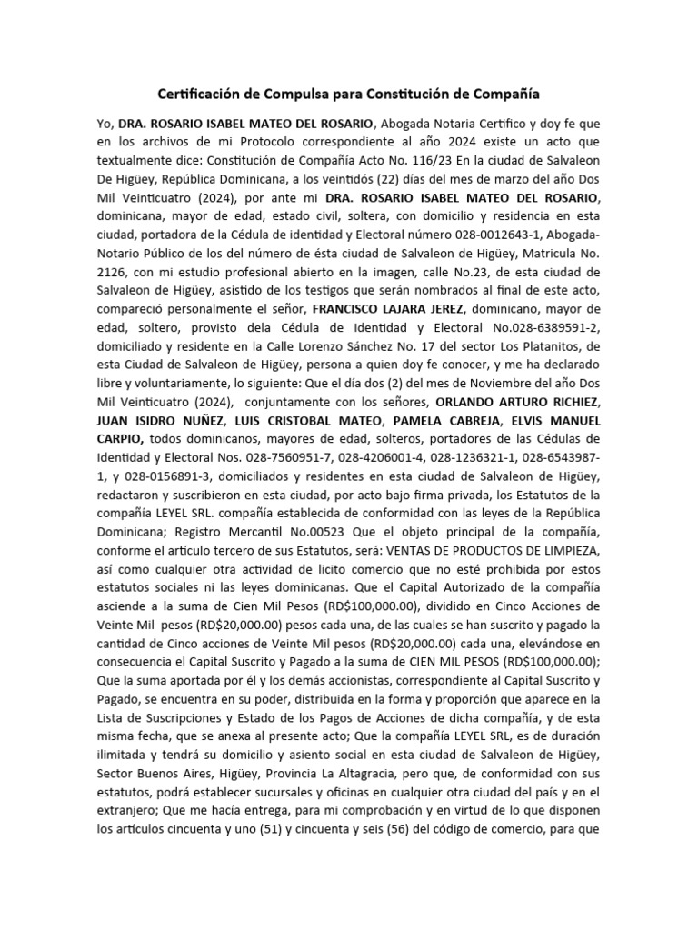 Certificación de Compulsa para Constitución de Compañía | PDF ...