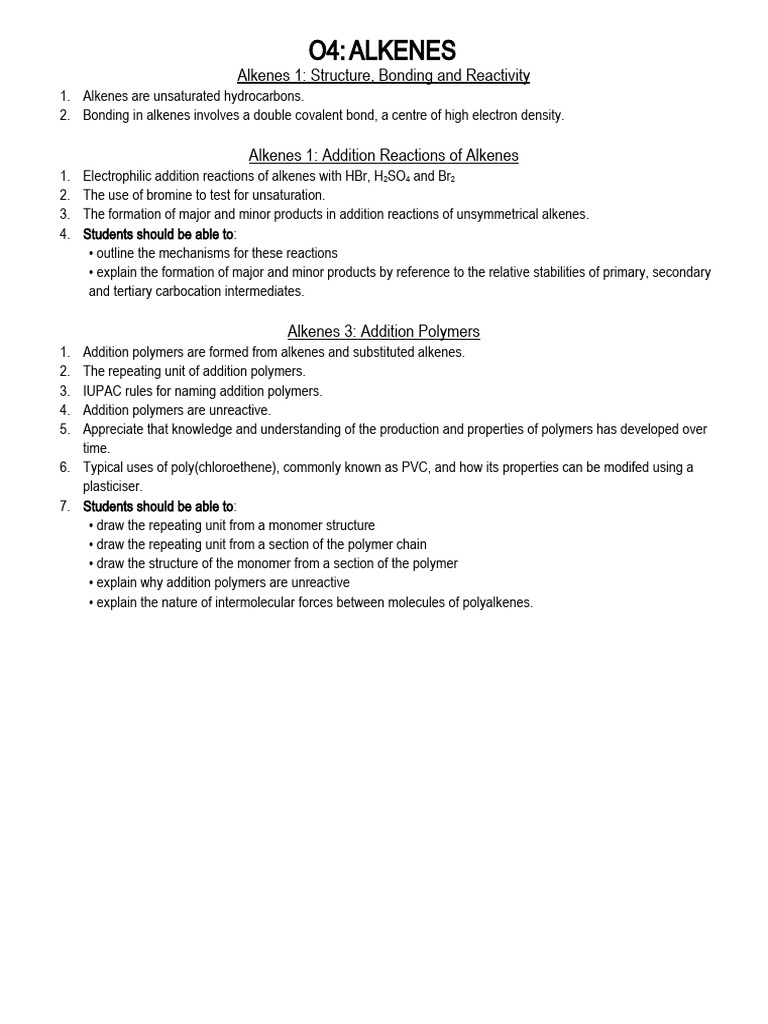 O4 Alkenes | PDF | Alkene | Chemical Reactions