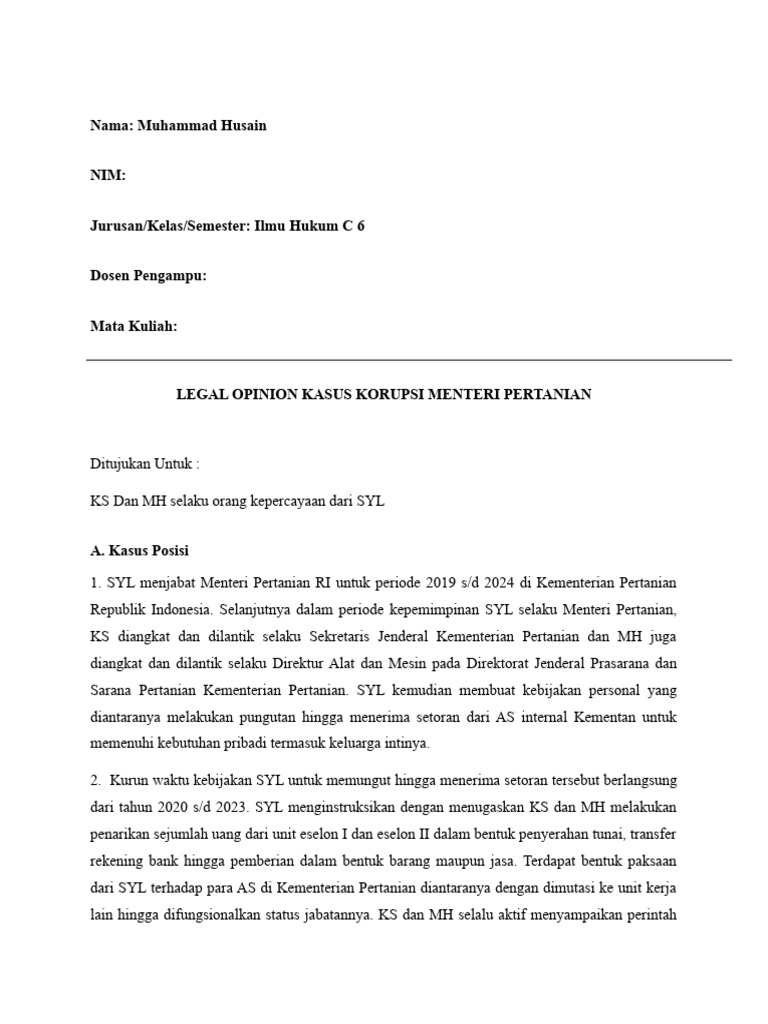 Legal Opinion Kasus Korupsi SYL | PDF | Politik