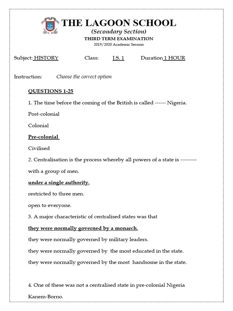 3rd Term Exam Online J.S 1 HISTORY | PDF | Nigeria