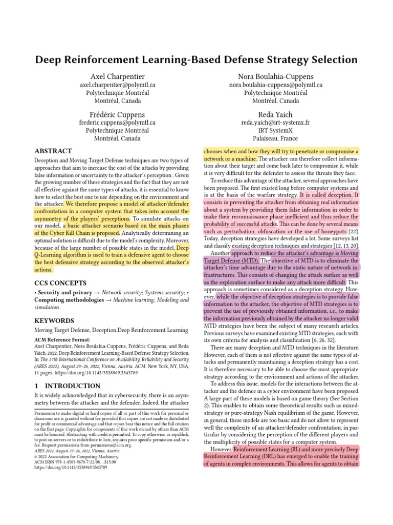 Deep Reinforcement Learning-Based Defense Strategy Selection | PDF | Game Theory