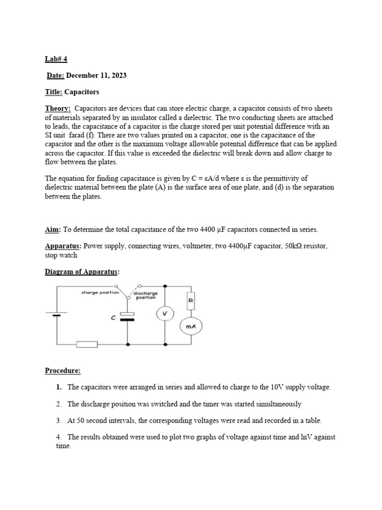 Jade Duncan - Lab #4 Capacitors | PDF | Capacitor | Capacitance